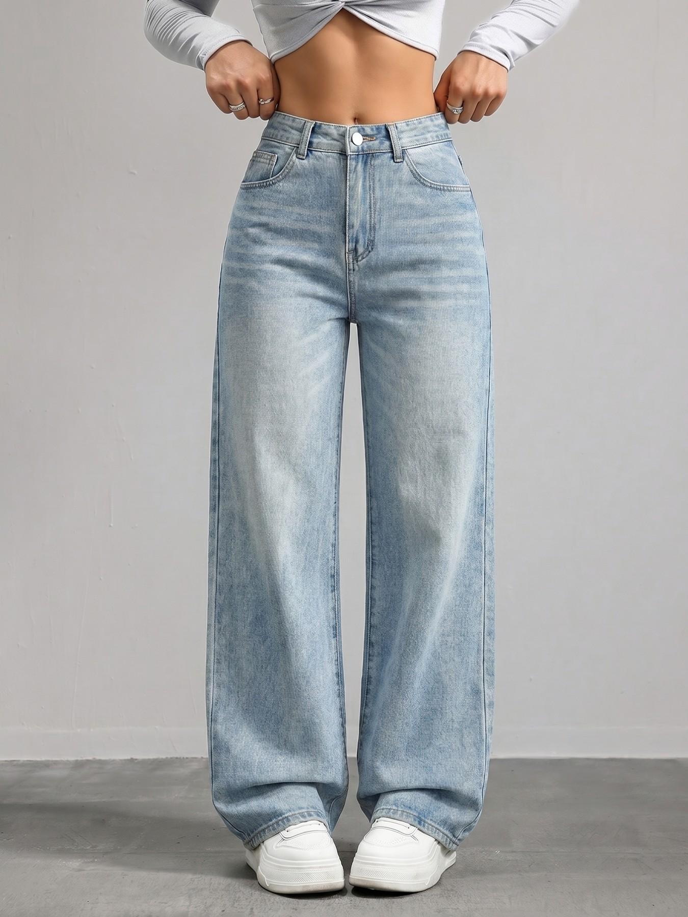 Women's Mid-Waist Pocket Loose Fit Wide Leg Casual Denim Jeans ...
