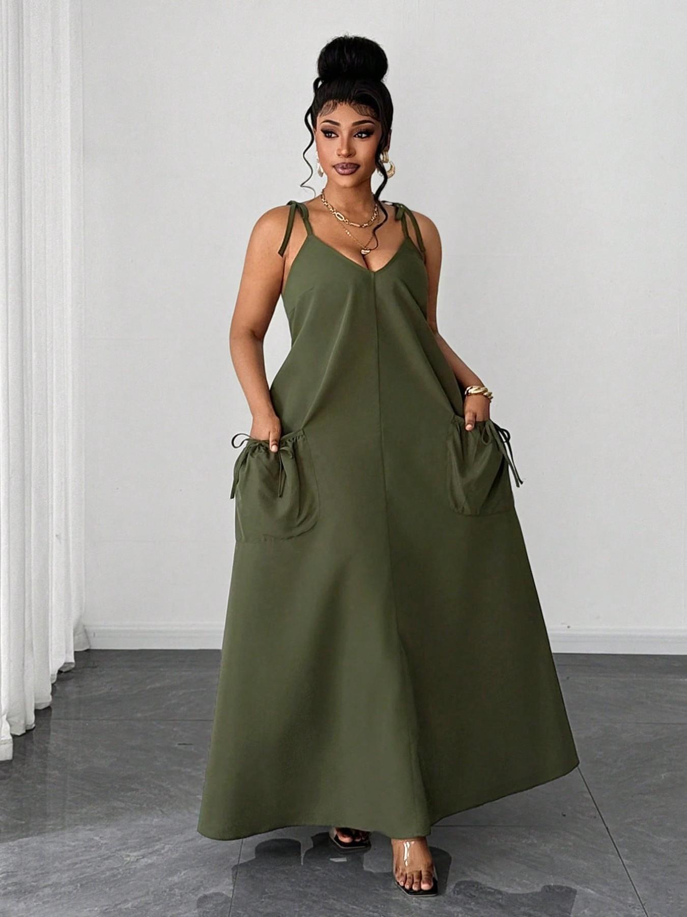 Plus Size Women's Long Casual Dress, V Neck Thin Straps Sleeveless Maxi ...