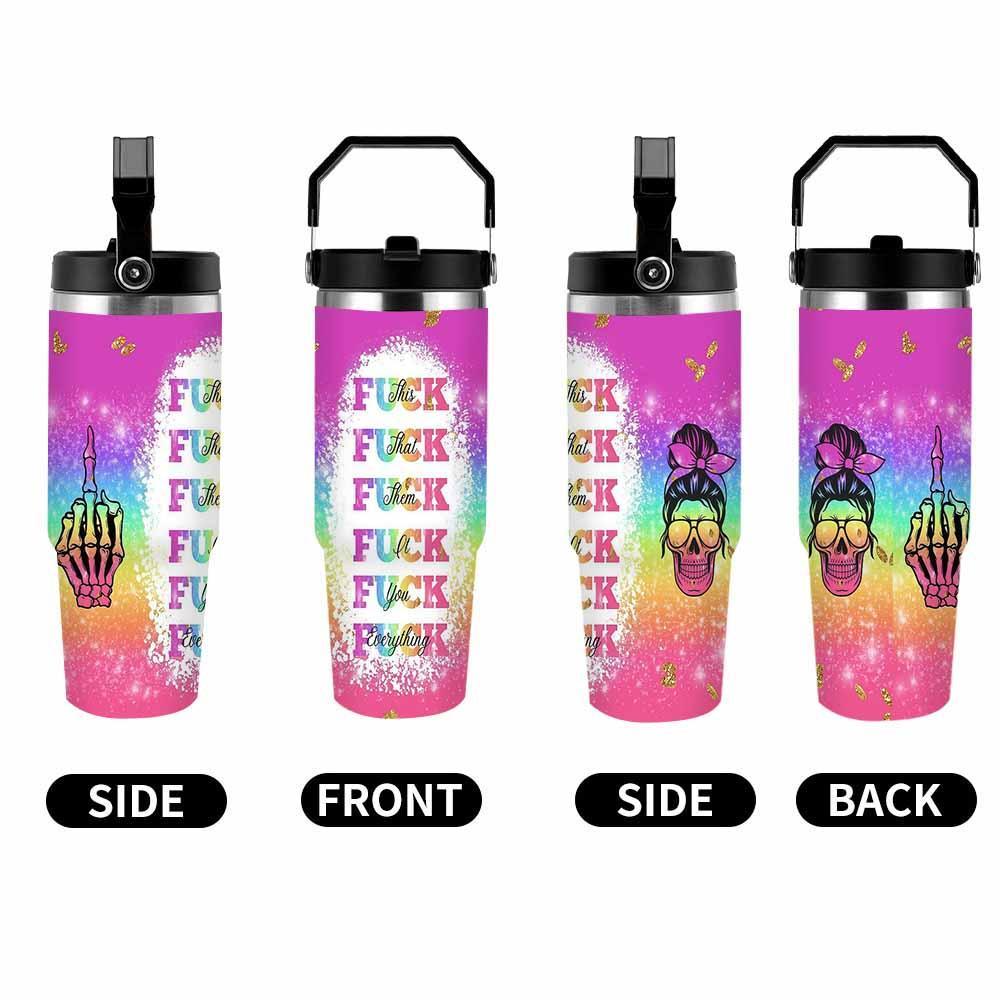 Rainbow Skeleton Hand Tumbler (40oz/30oz/20oz) Vibrant Messy Bun Skull ...