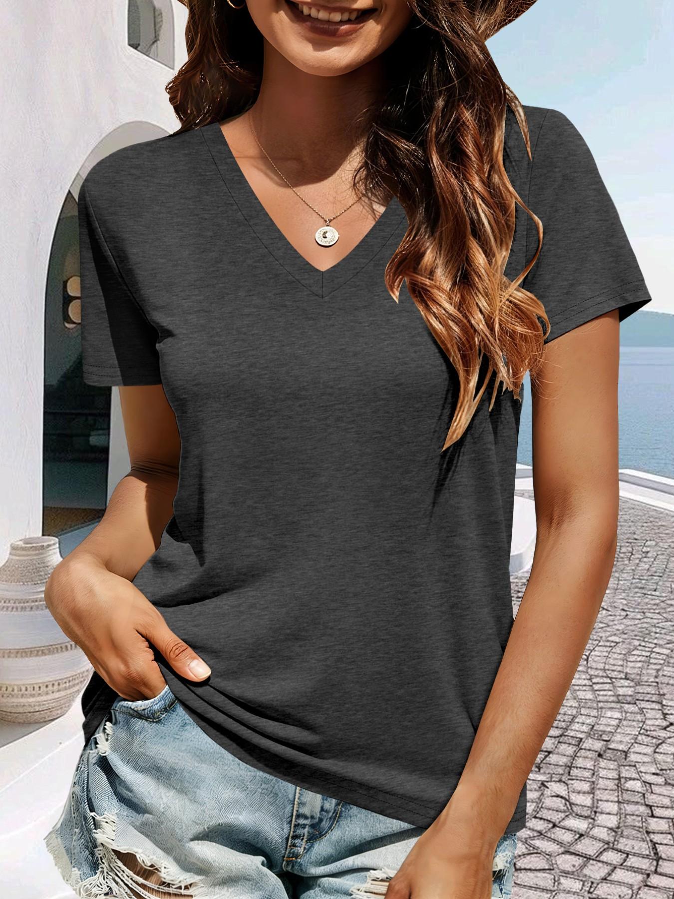Women's V-Neck Short Sleeve T-Shirt 3-Piece Set, Casual Fitted Solid ...