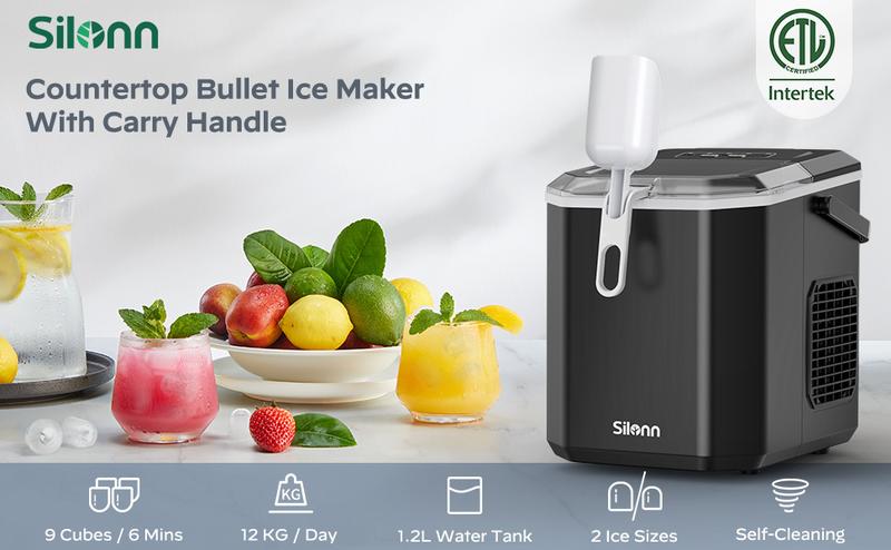 Silonn Bullet Ice Maker Countertop with Handle, 9 Cubes in 6 Mins ...
