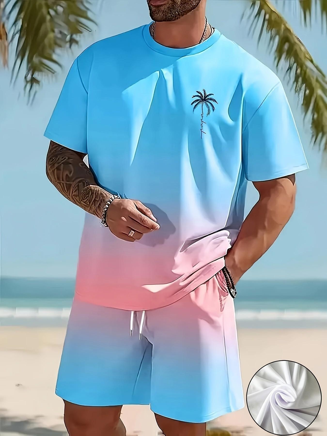 Summer Men's Beach Style Tropical Gradient Coconut Tree Print Short ...