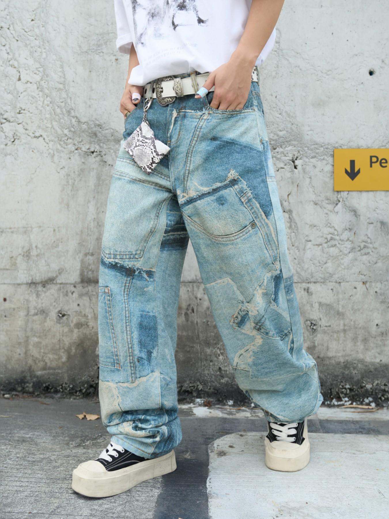 Men's Trendy Patchwork Distressed Wide-Leg Light Wash Loose Denim Jeans ...