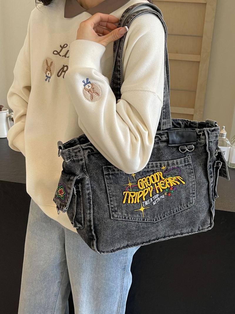 Women's Letter Pattern Embroidery Tote Bag, Casual Large Capacity ...