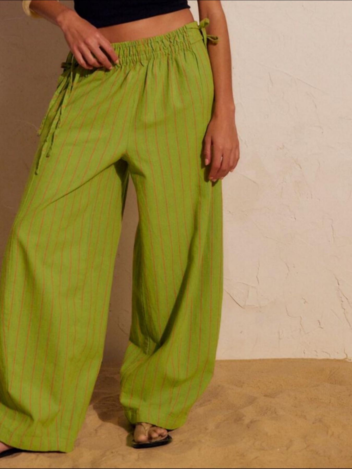 Women's Striped Adjustable Drawstring Bucket Pants, Casual Wide Leg ...