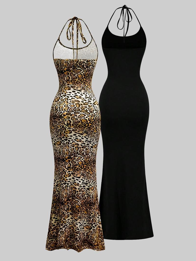 2-piece leopard print camisole and floor-length slim bodycon mini skirt ...