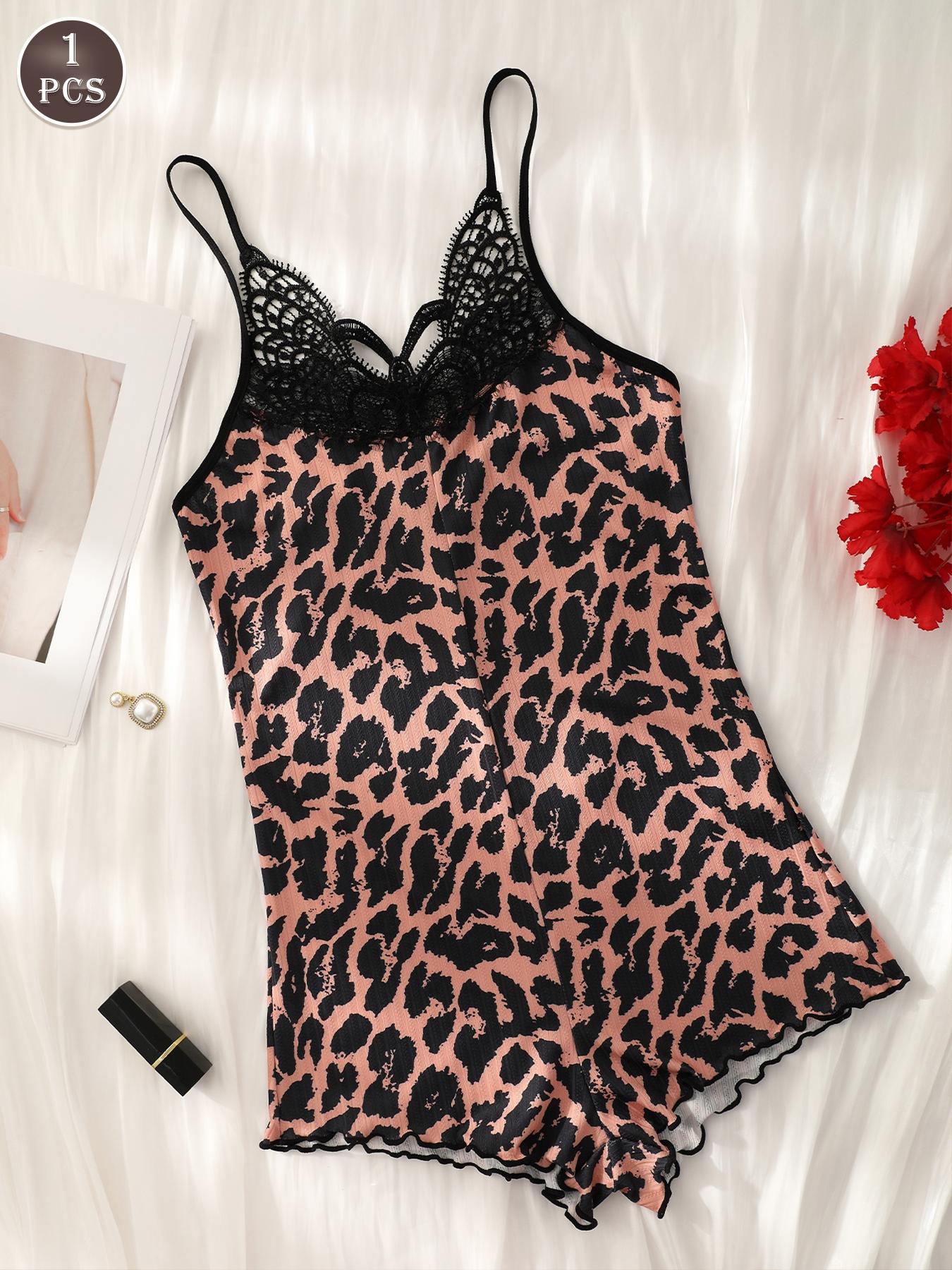 Women's Leopard Print Lace Trim Bow Sleepwear Set, Lingerie Chemise ...