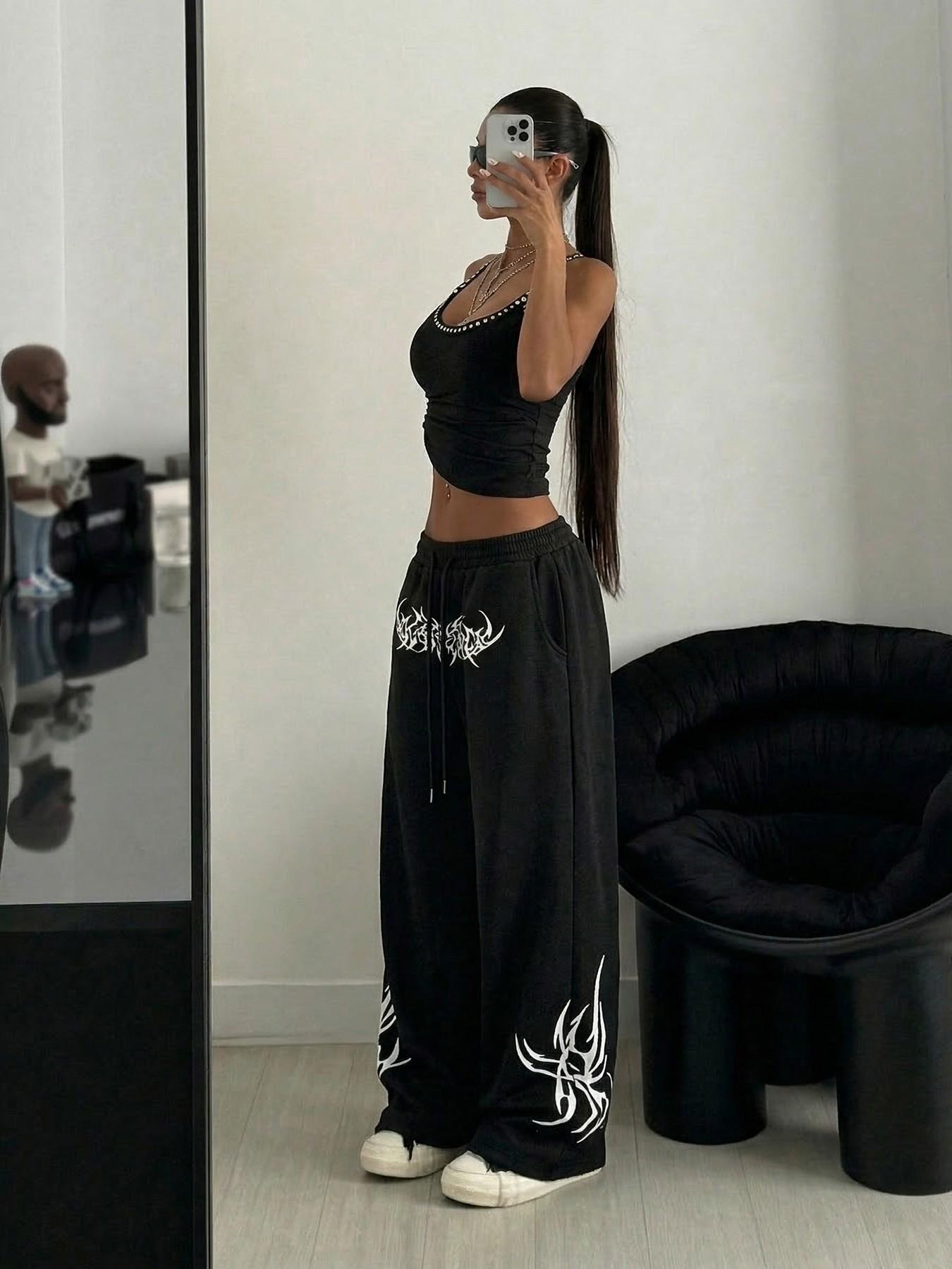 Y2K Gothic Flame Print Wide Leg Sweatpants for Women, E-girl Streetwear ...