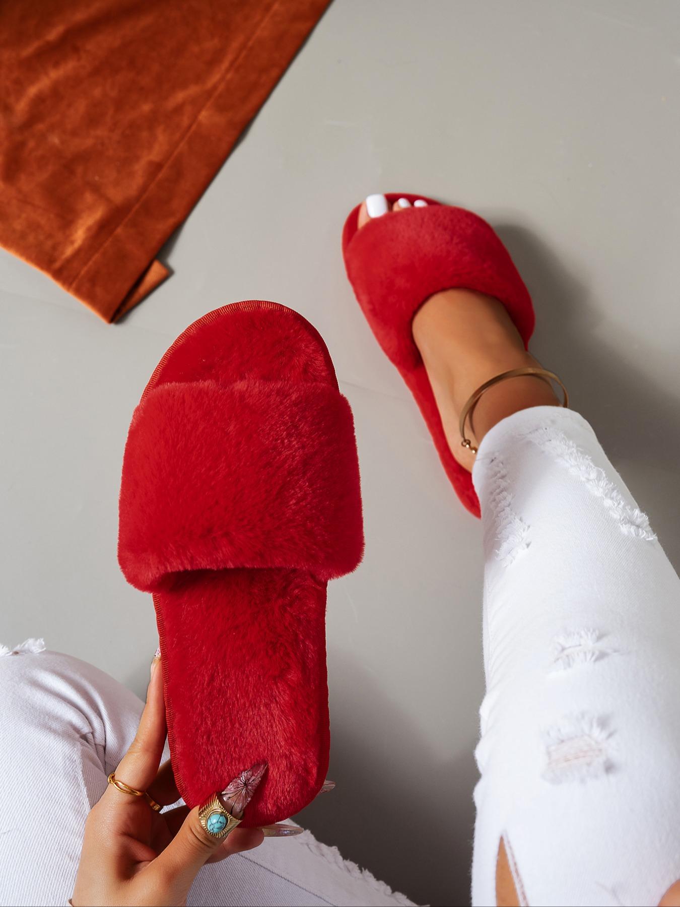 Multi-Color Plush Slippers, Warm Outer Wear Fuzzy Mules, Fall Winter ...