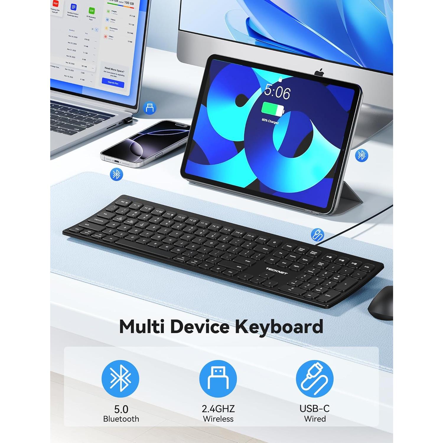 Rechargeable Keyboard, Multi Device Free Switching (BT5.0+2.4G+Wired ...