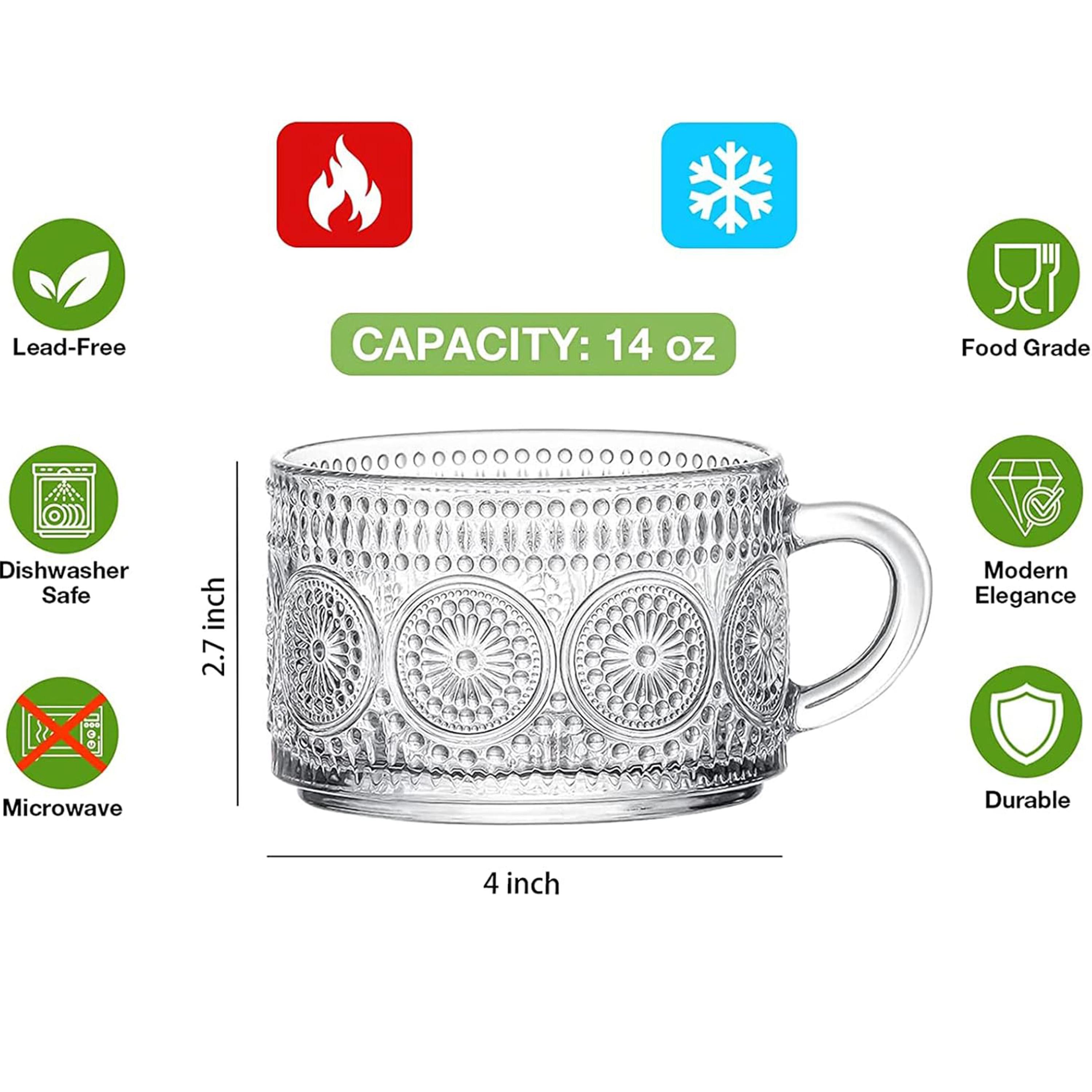 Vintage Style Glass Coffee Mugs Set 8pcs 14 Oz Large Capacity with ...