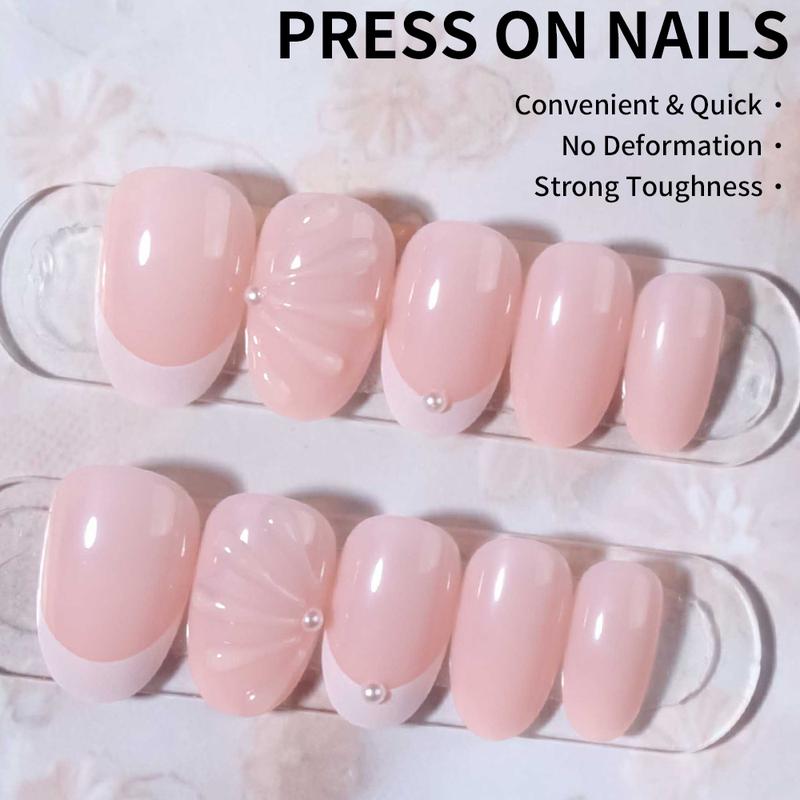24pcs Short Oval French Gel Pearl Design Acrylic Press-On Nails Set ...