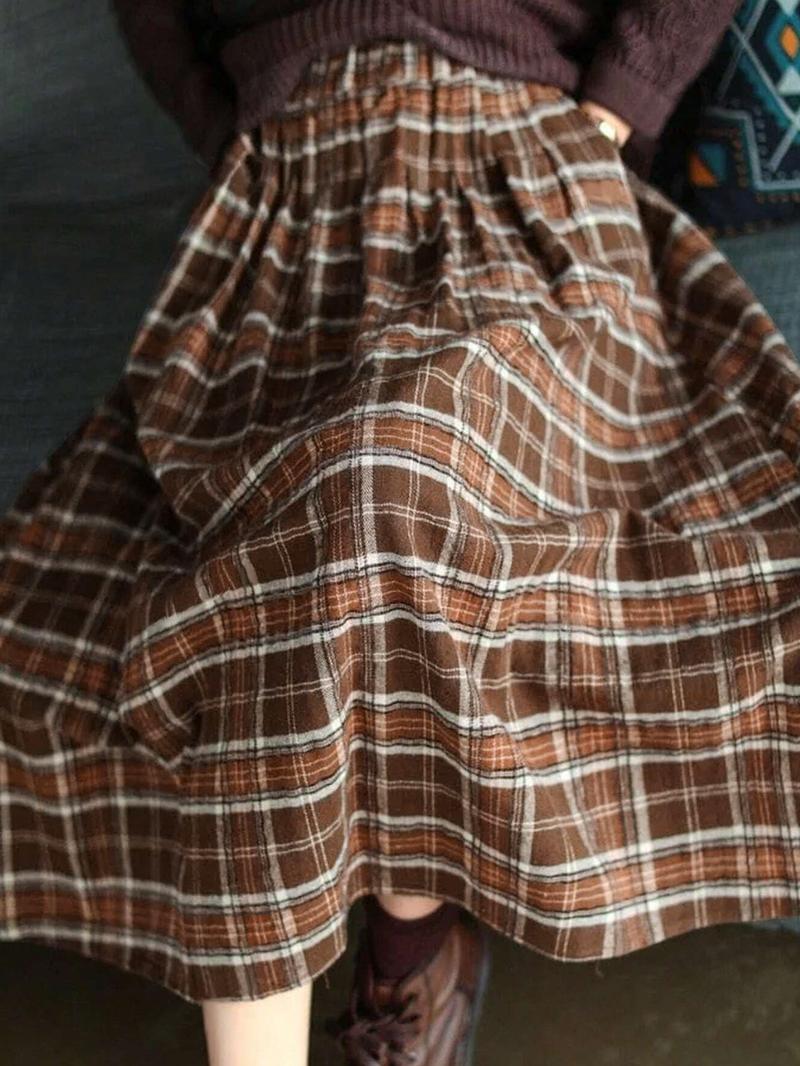 Women's Plaid A-Line Long Dress,flared skirt， Casual Loose Fit Elastic ...