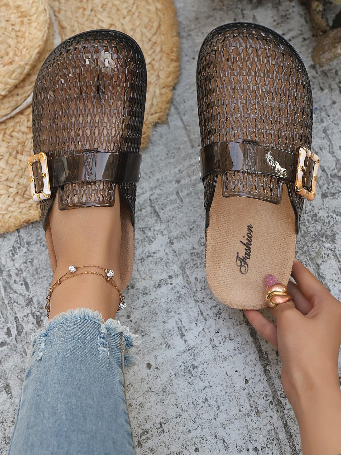 Women's Transparent Jelly Half Slipper, Metal Buckle Design, Thin Upper ...