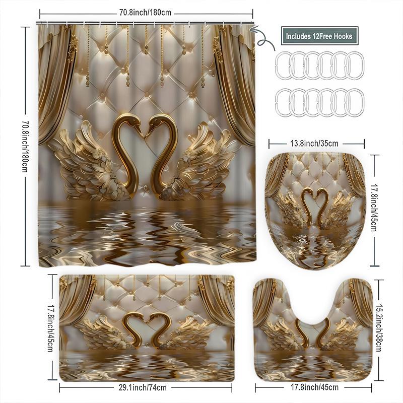 Elegant Swan Design Shower Curtain Set, Includes Bath Mat Toilet Lid ...