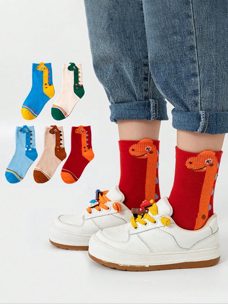 5 Pairs Kids Socks, Cartoon Neck Dragon Dinosaur Design, Mid-Calf ...