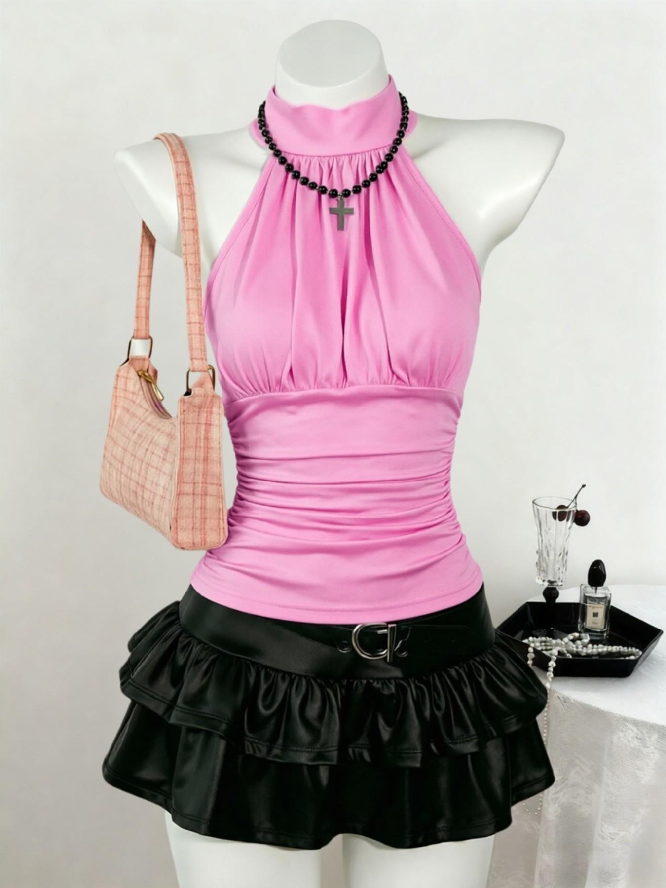 Casual Solid Color Halter Top, Ruched Chest and Waist Design ...
