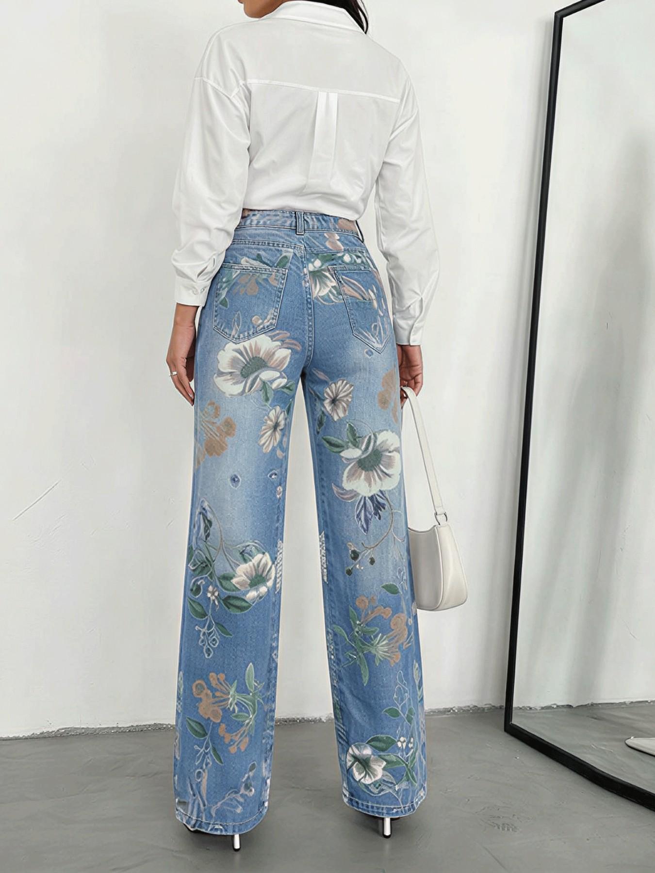 Women's All-Season Floral Fitted Jeans, Elegant Straight Leg Denim ...
