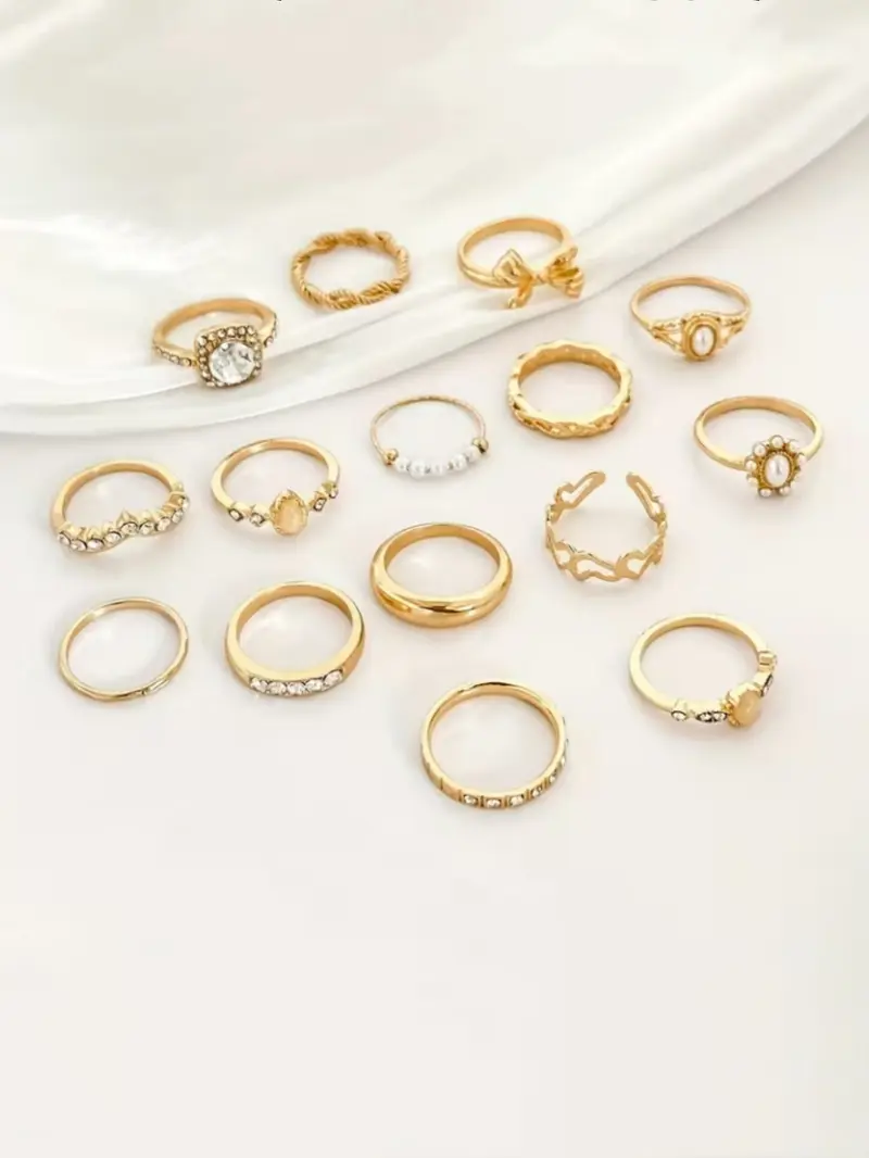 15pcs Bohemian Style Women's Stackable Ring Set with Heart and Bow ...