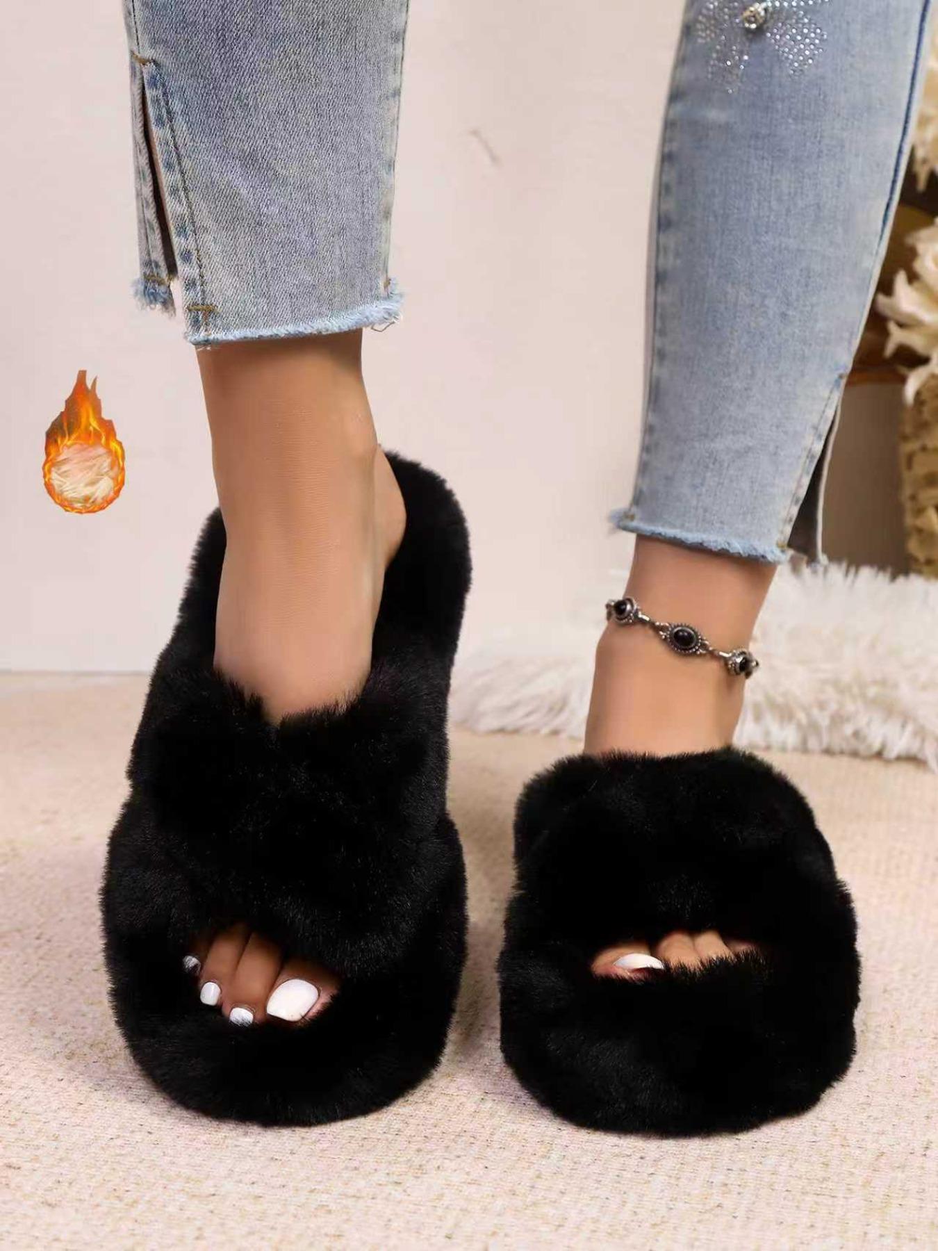 Women's Fluffy Plush Slippers - Soft Crossed Strap Design - TikTok Shop