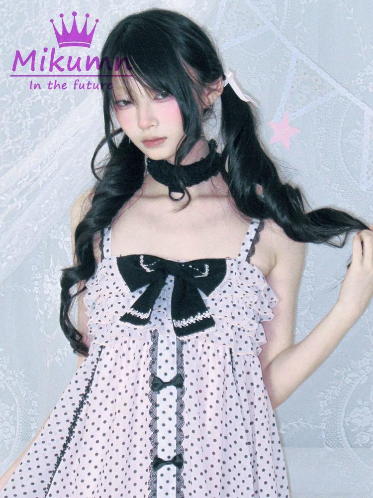 Mikumn Gothic Girls Vintage Pink Polka Dot Dress Harajuku Japanese Y2k ...