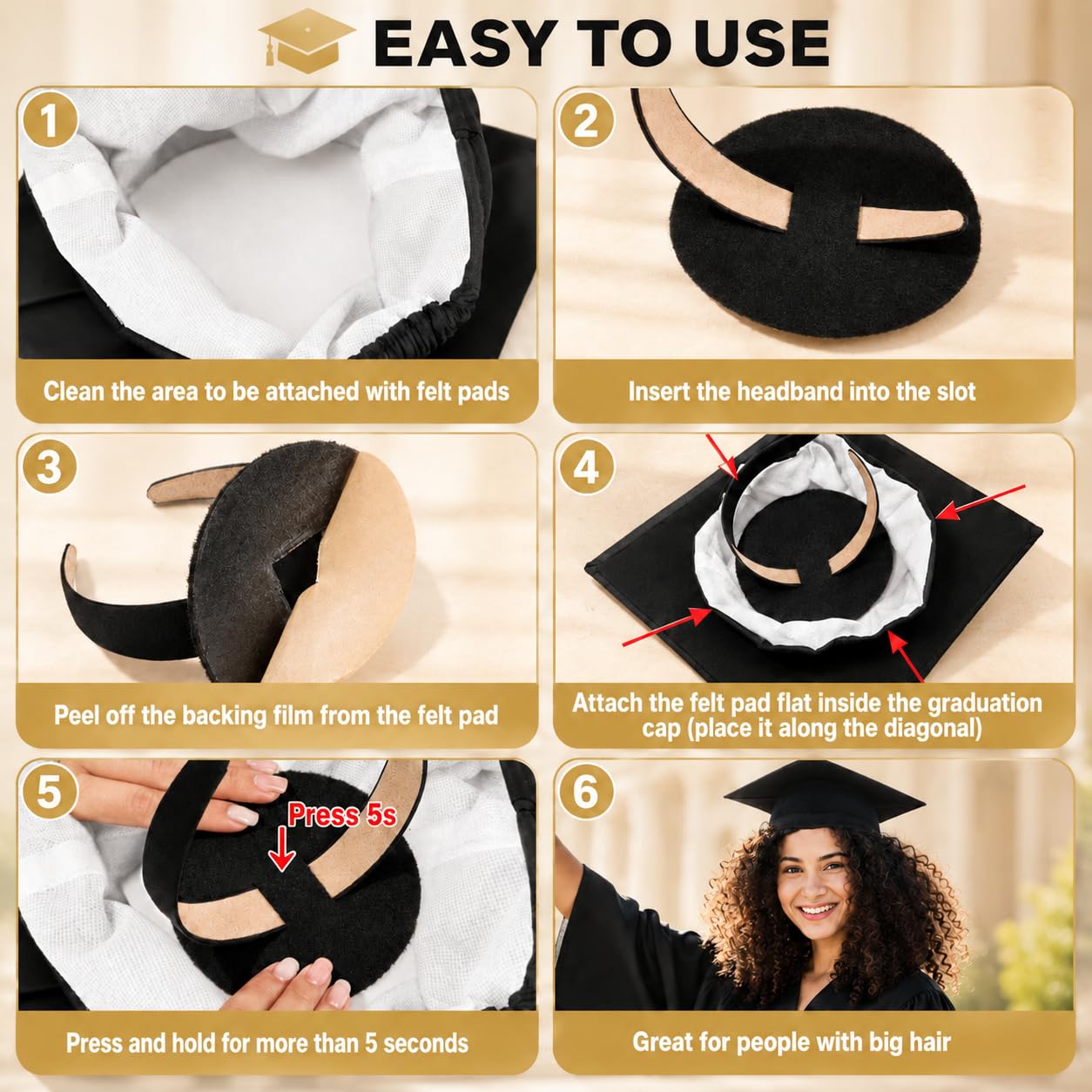 Graduation Cap Headband Insert - Invisible Anti-Fall Grad Hat Holder ...