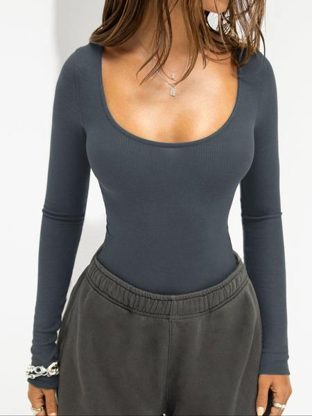 Women's Casual Basic Slim-Fit Long Sleeve Top, Plain Pattern, Fall ...