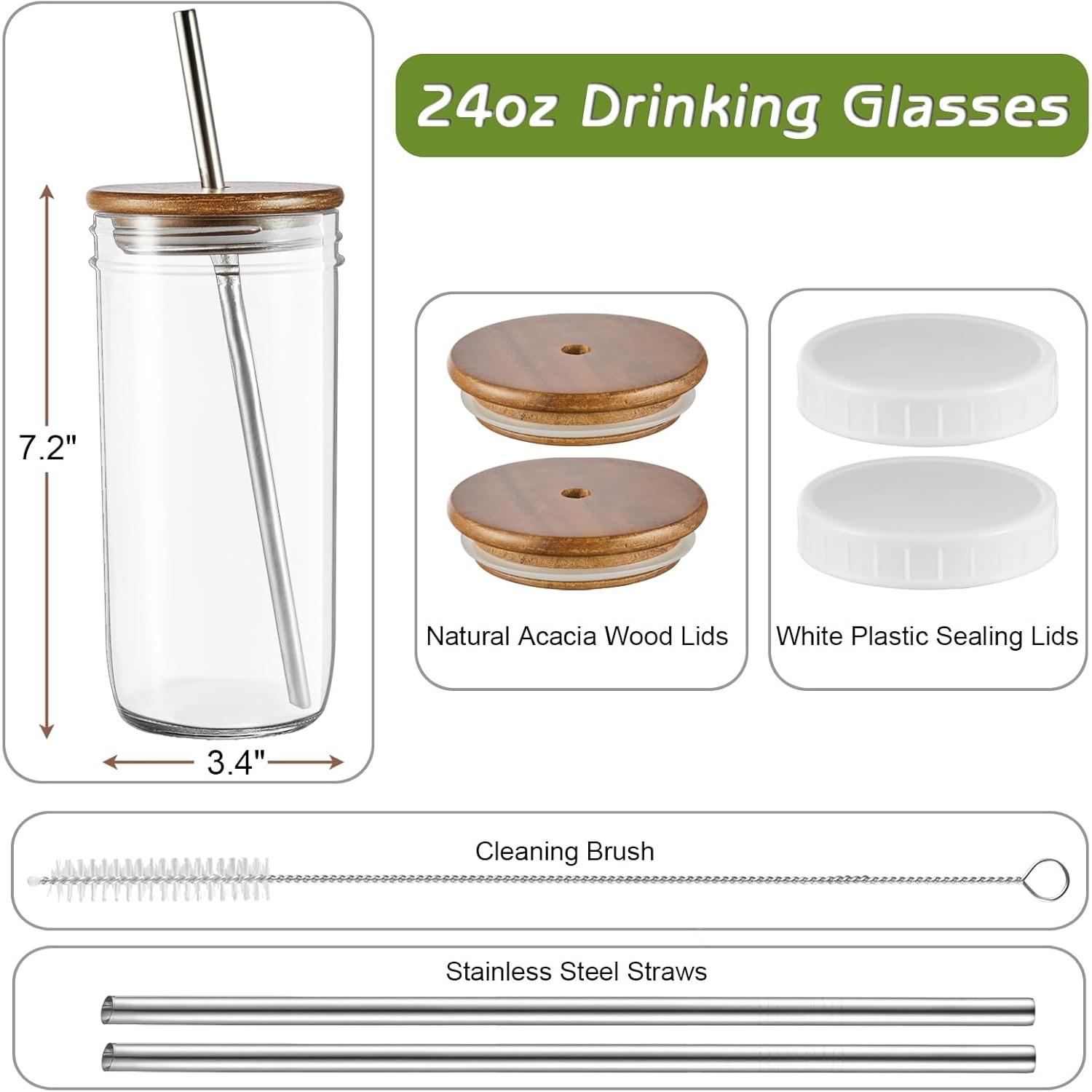 Glass Cups Set - 24oz Mason Jar Drinking Glasses with Acacia & Straws ...