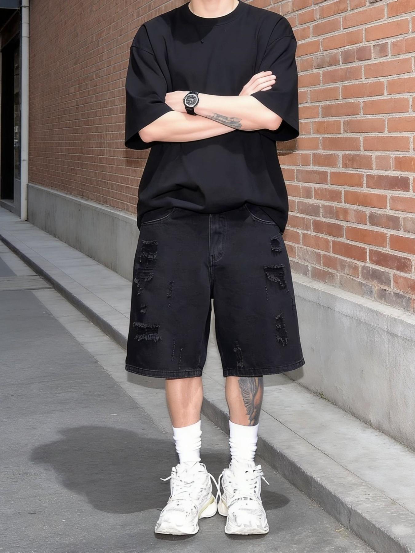 Men's Denim Shorts, Korean Style Ripped Loose Fit Slim Five-Quarter ...
