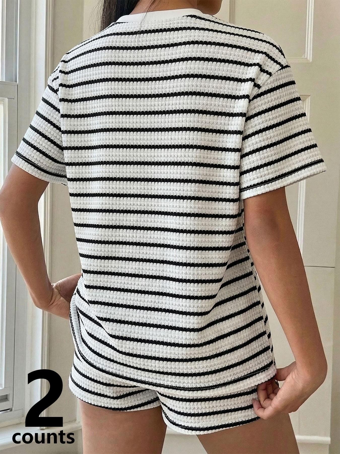 2-Piece Women's Black And White Striped Casual Set, Short Sleeve Round ...