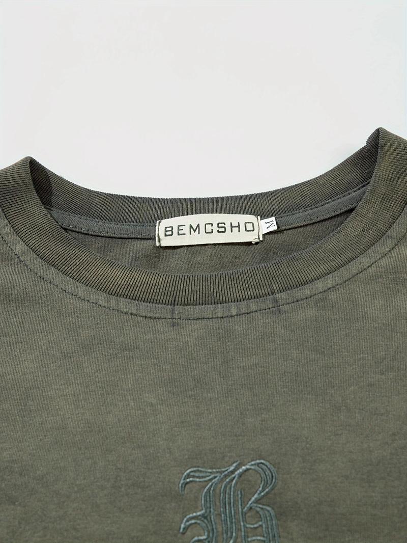 Men's Letter Embroidery Washed Distressed Short Sleeve Tee, Loose ...