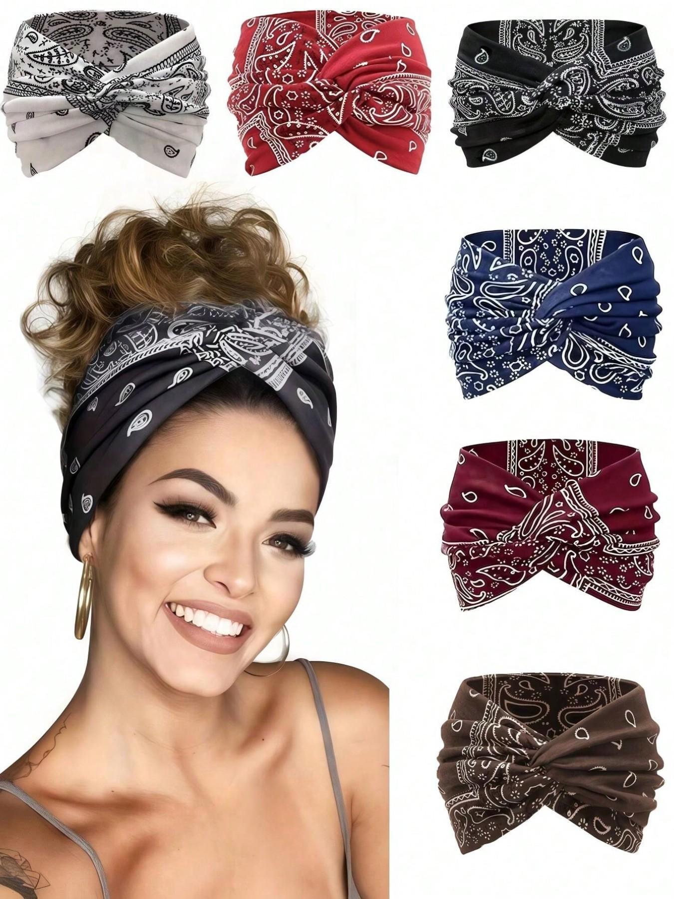 6 Pcs Large Size Paisley Pattern Boho Women's Sports Headbands, Elastic ...