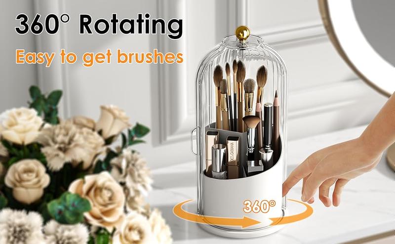 Makeup Brush Holder Organizers with Transparent Door Lid,360 Rotating ...