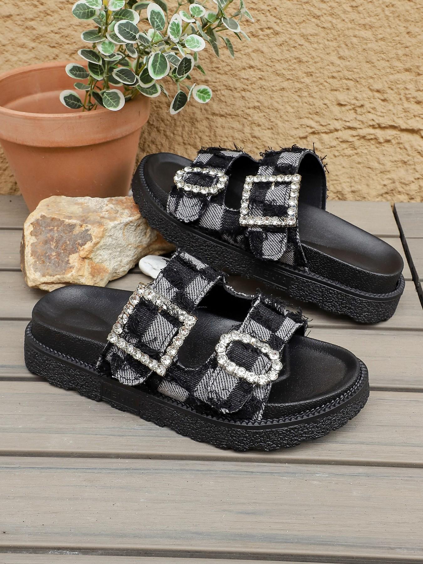 New Retro Plaid Edge Double Buckle Thick Sole Slippers, Women's Outdoor ...