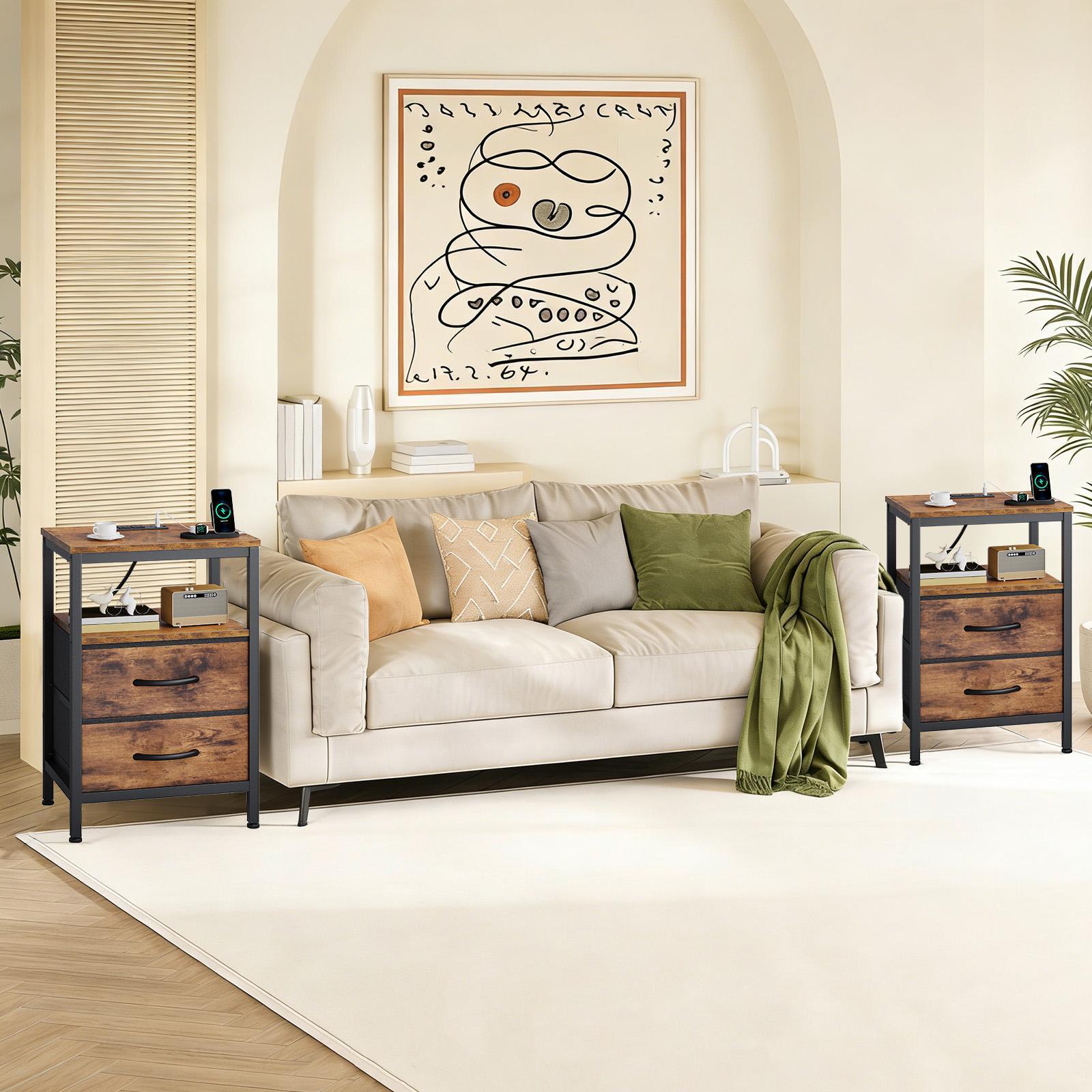 2-Drawer Nightstand with Built-In Charging Station | Fabric Drawer ...