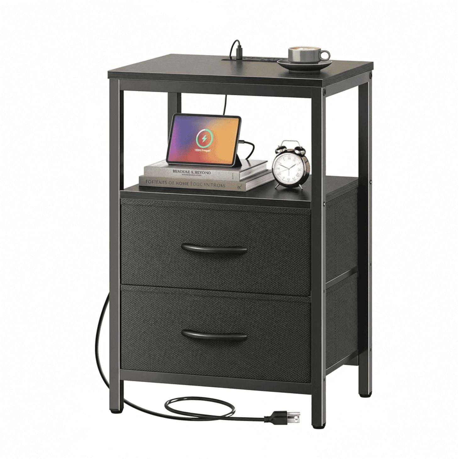 2-Drawer Nightstand with Built-In Charging Station | Fabric Drawer ...