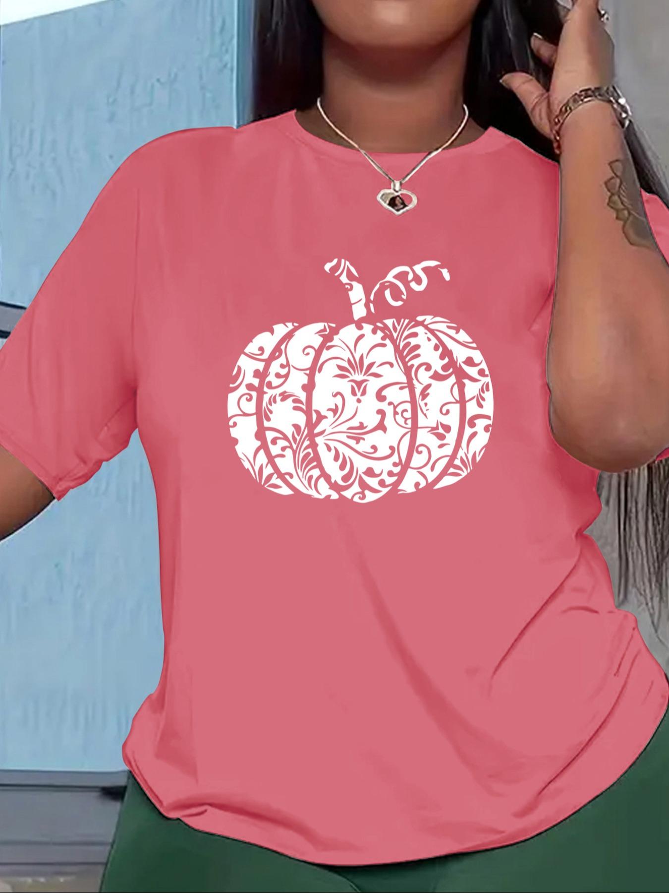 Plus Size Pumpkin Print Round Neck Tee, Casual Short Sleeve Crew Neck T ...