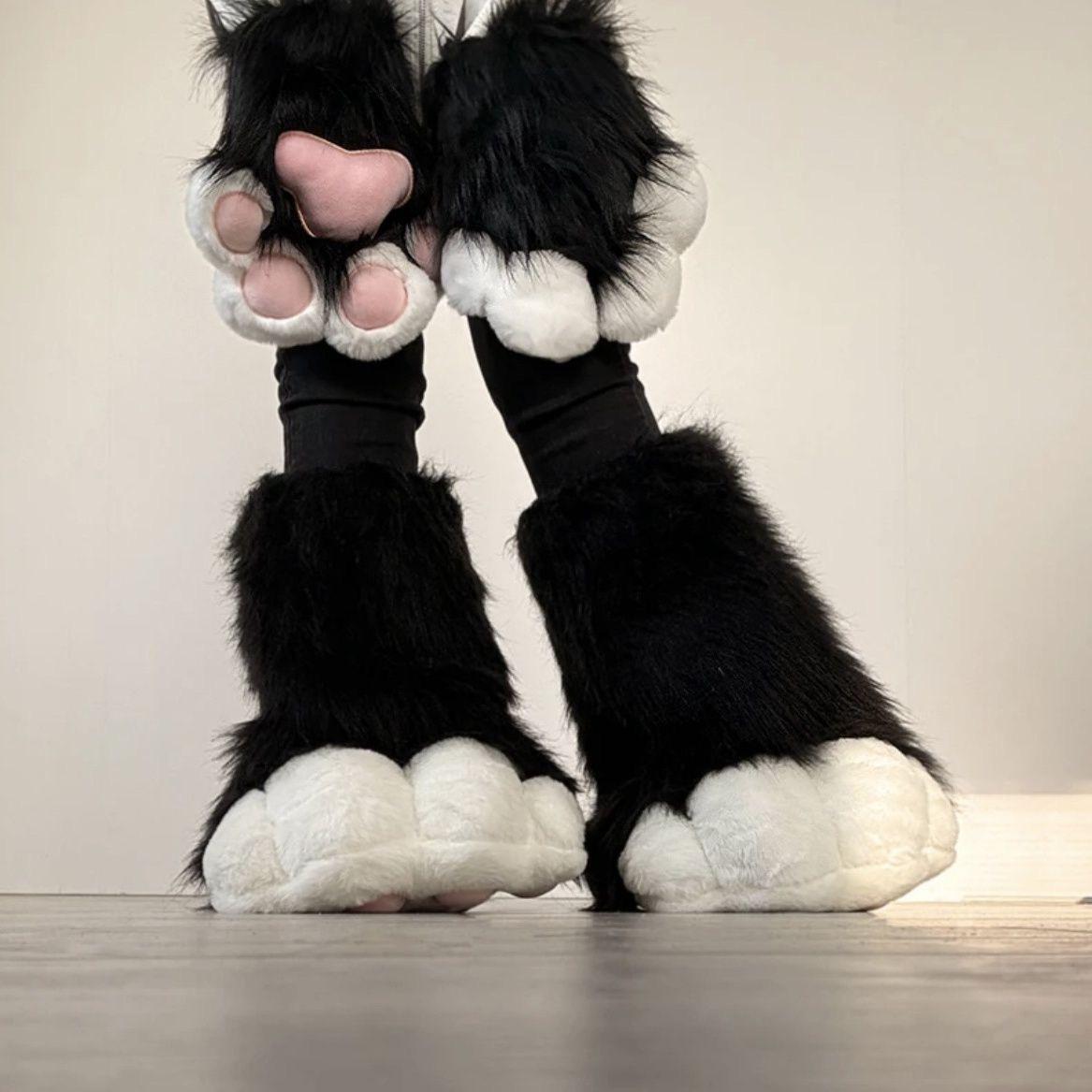Cute Cartoon Paw Fluffy Slippers Women Winter Warm Shoes Soft Faux Fur ...