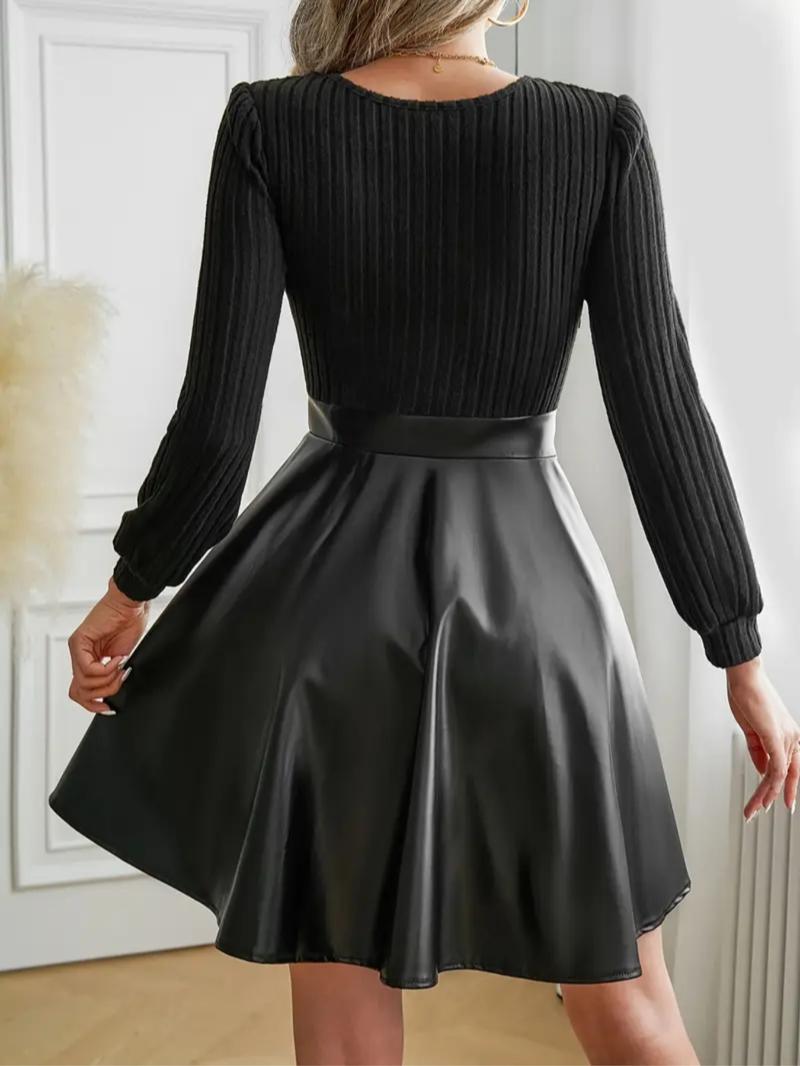 New European Style Casual Women's Patchwork A-Line Dress, Elegant Long ...