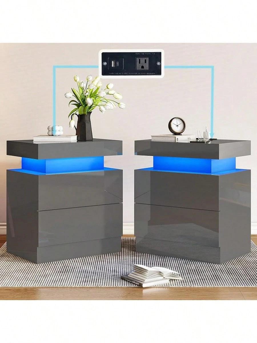 High Gloss LED Nightstands Set of 2 with USB Type-C Charging Station ...