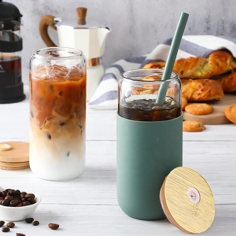 16oz Glass Cup with Bamboo Lid & Straw, 4 Counts Reusable Glass Cup ...