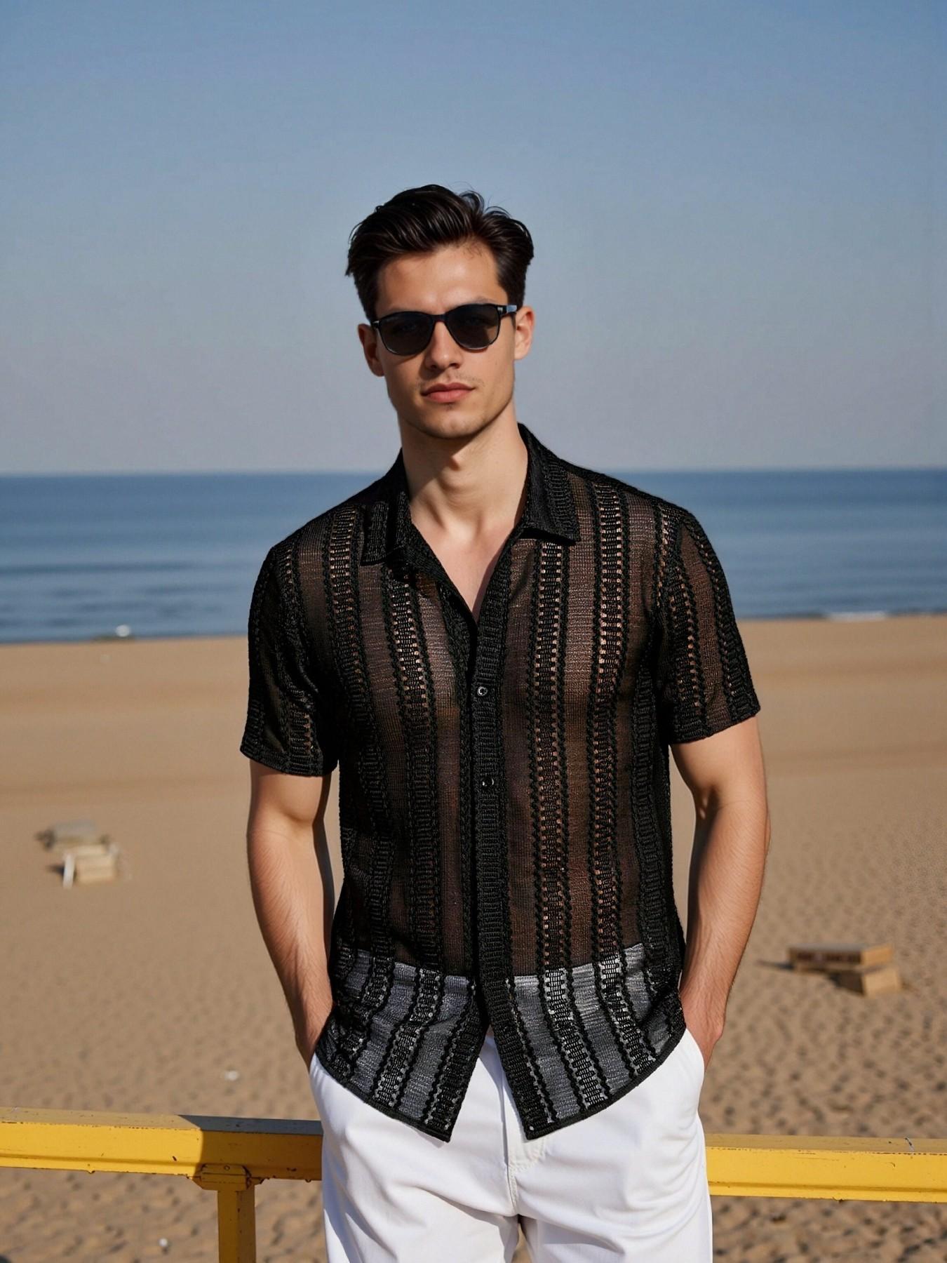 Men's Semi-Transparent Short Sleeve Shirt, Casual Summer Hawaiian Style ...