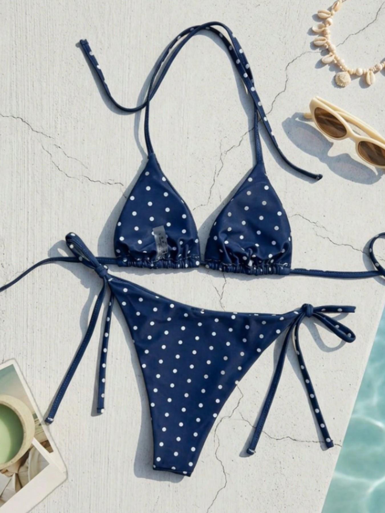 Blue Polka Dot Halter Bikini Set, Vintage Design, Adjustable Straps ...