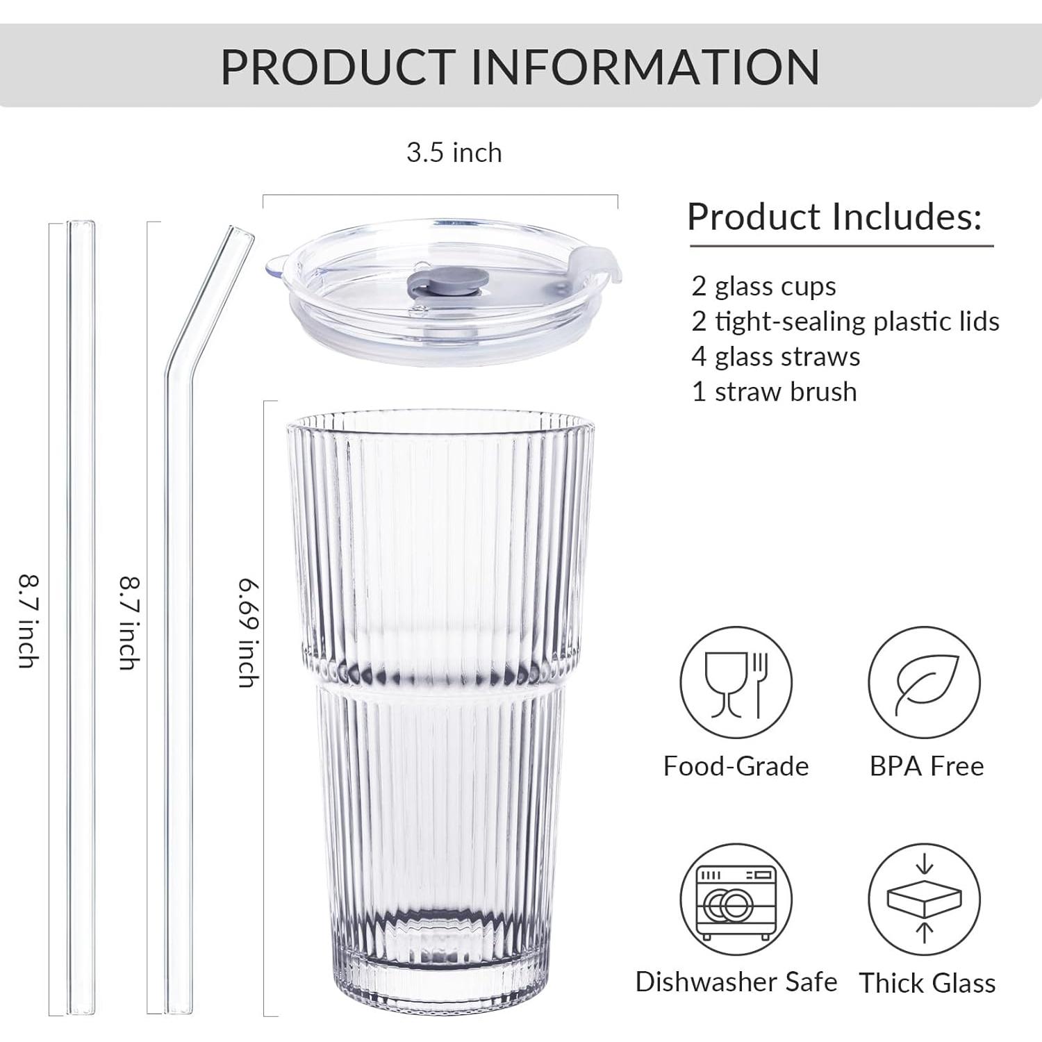 2 Pack 20oz Glass Cups with and Straws, Ribbed Glassware for , Mason ...