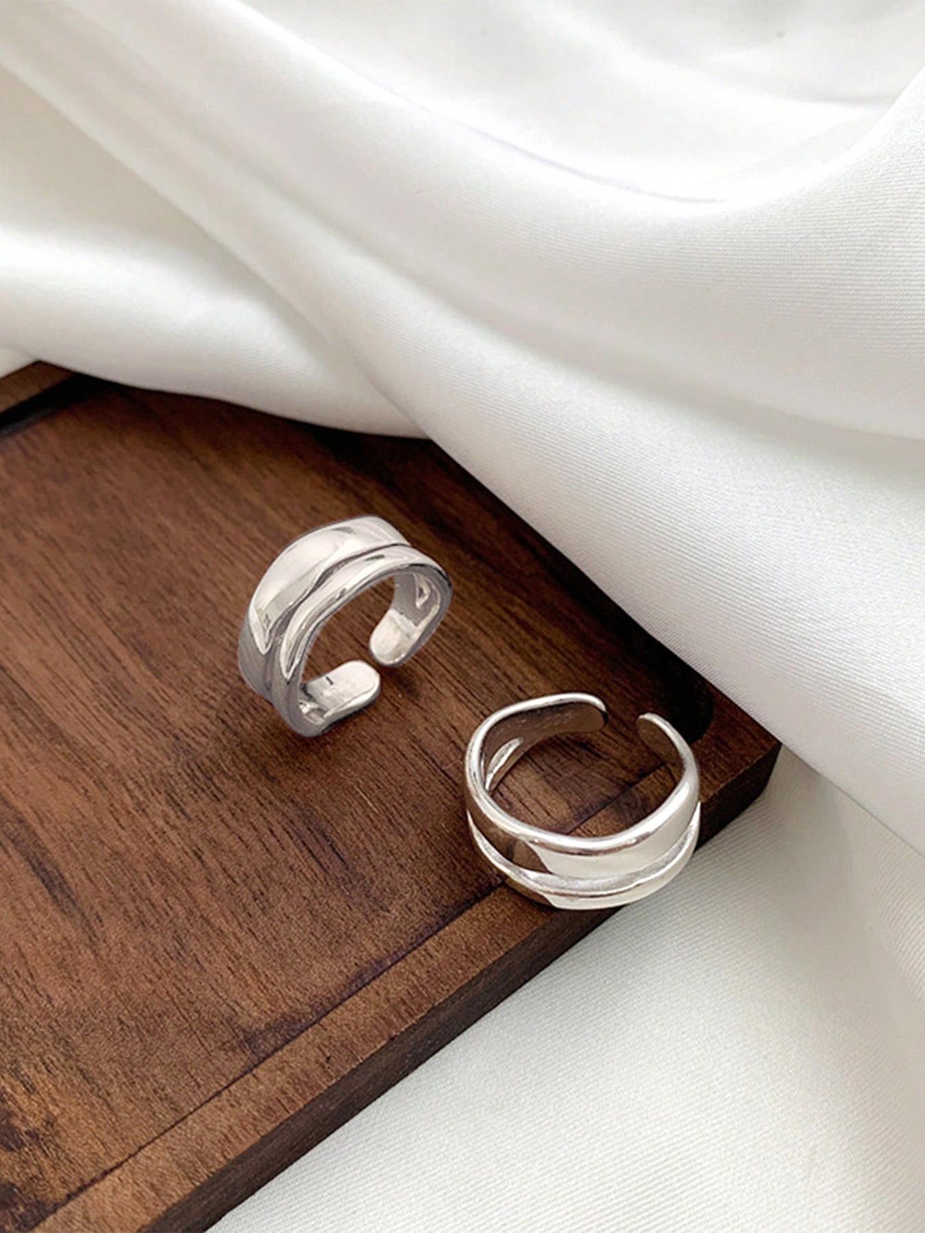 1pc Thick Asymmetrical Double-Layer Smooth Silver Adjustable Ring ...