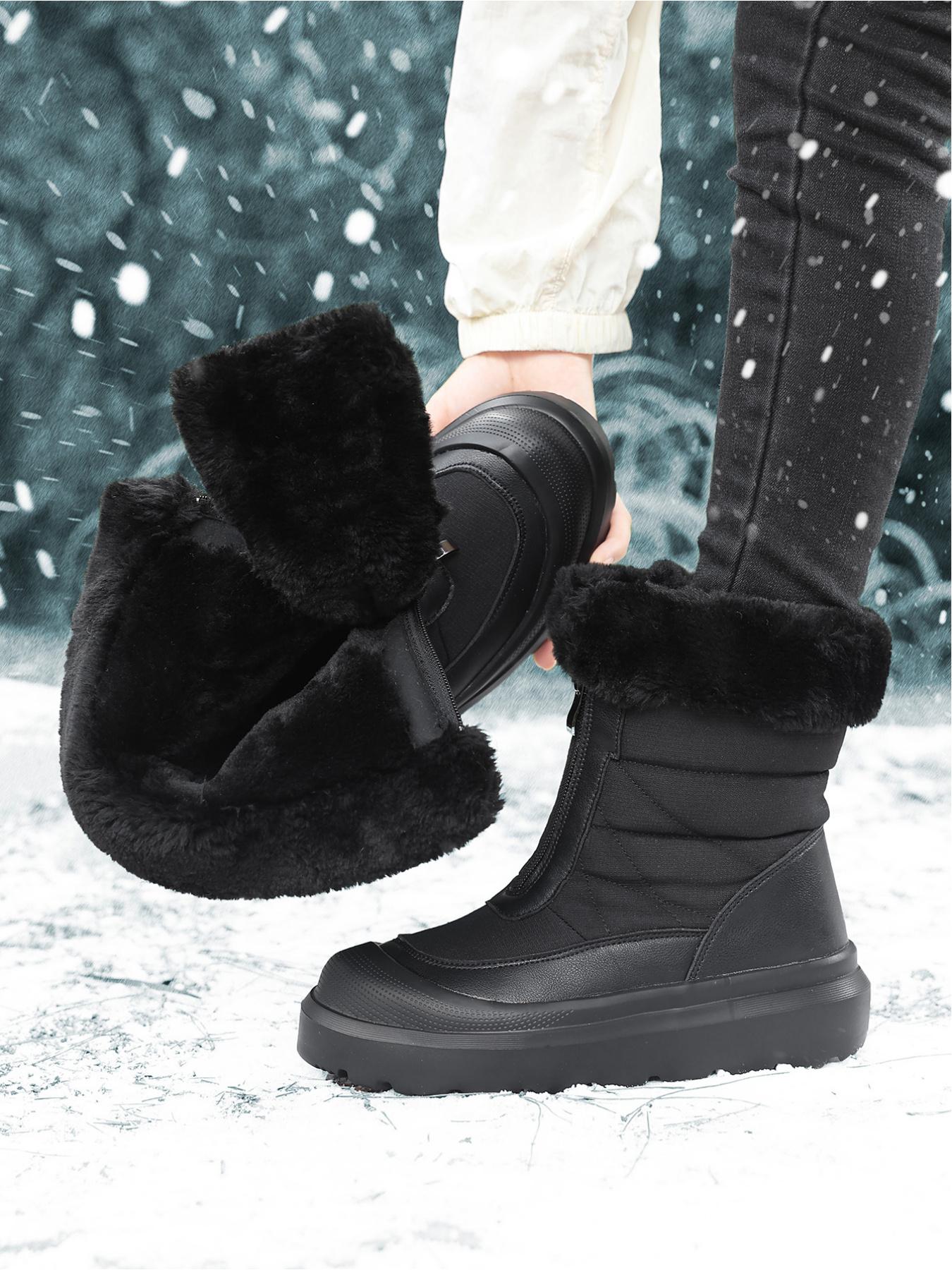 Women's Black Fleece-Lined Fluffy Snow Boots - Zip-Up Quilted Warm ...