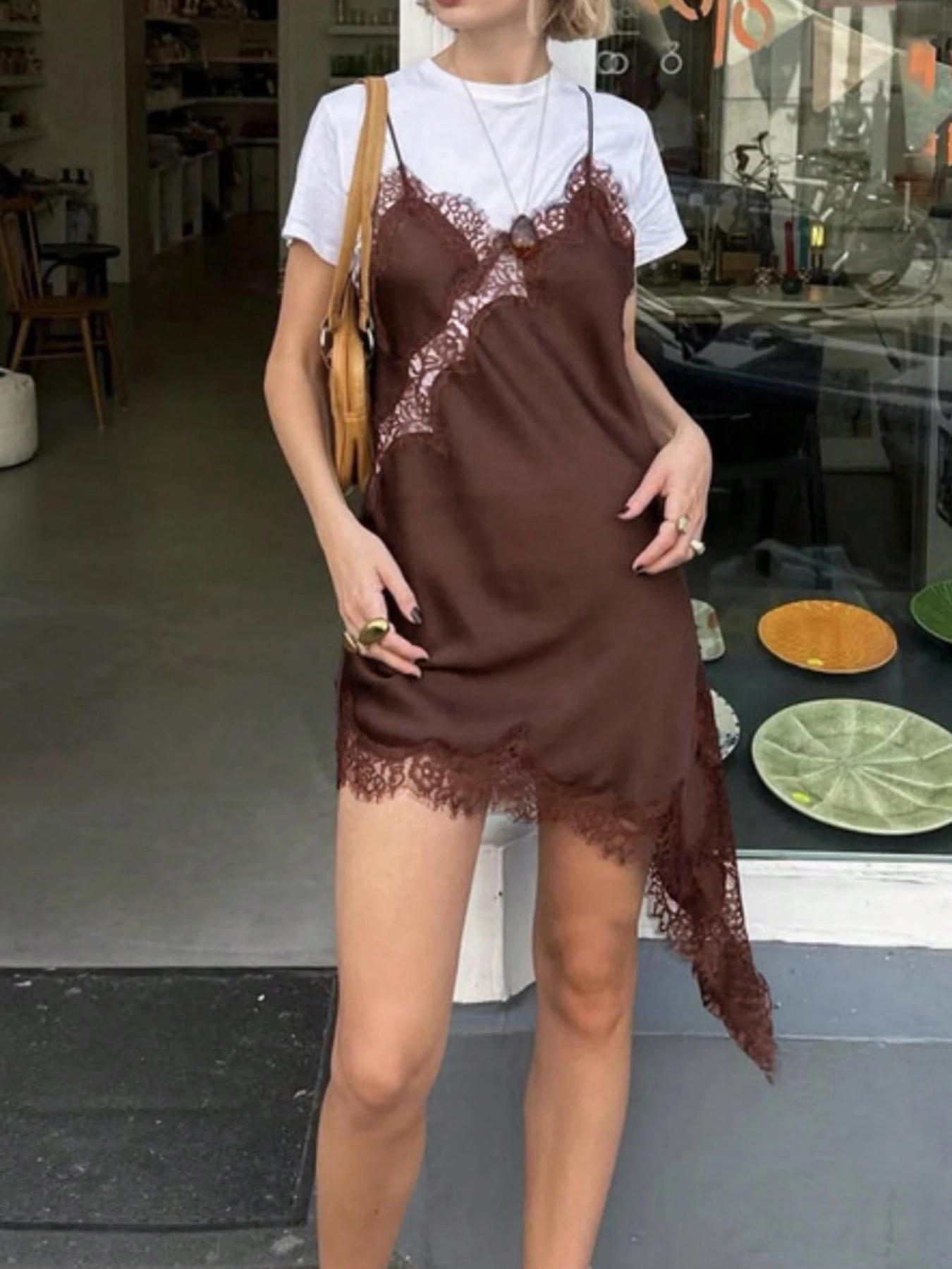 1 Spring Summer Satin Lace Slip Mini Dress Women | V Neck Asymmetric ...