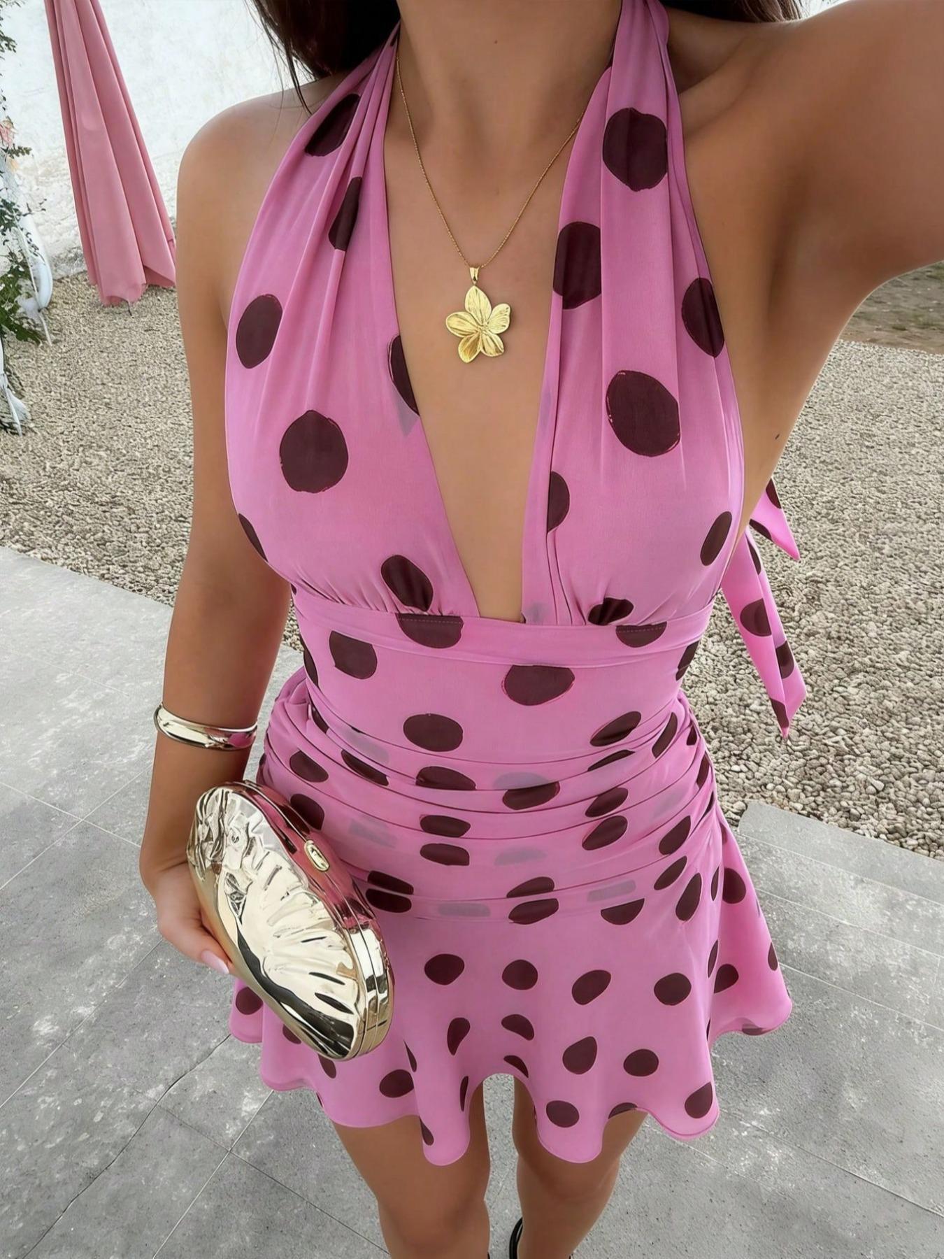 Polka Dot Halter Mini Dress, Womenswear Y2K Sweet Chic Style Deep V ...