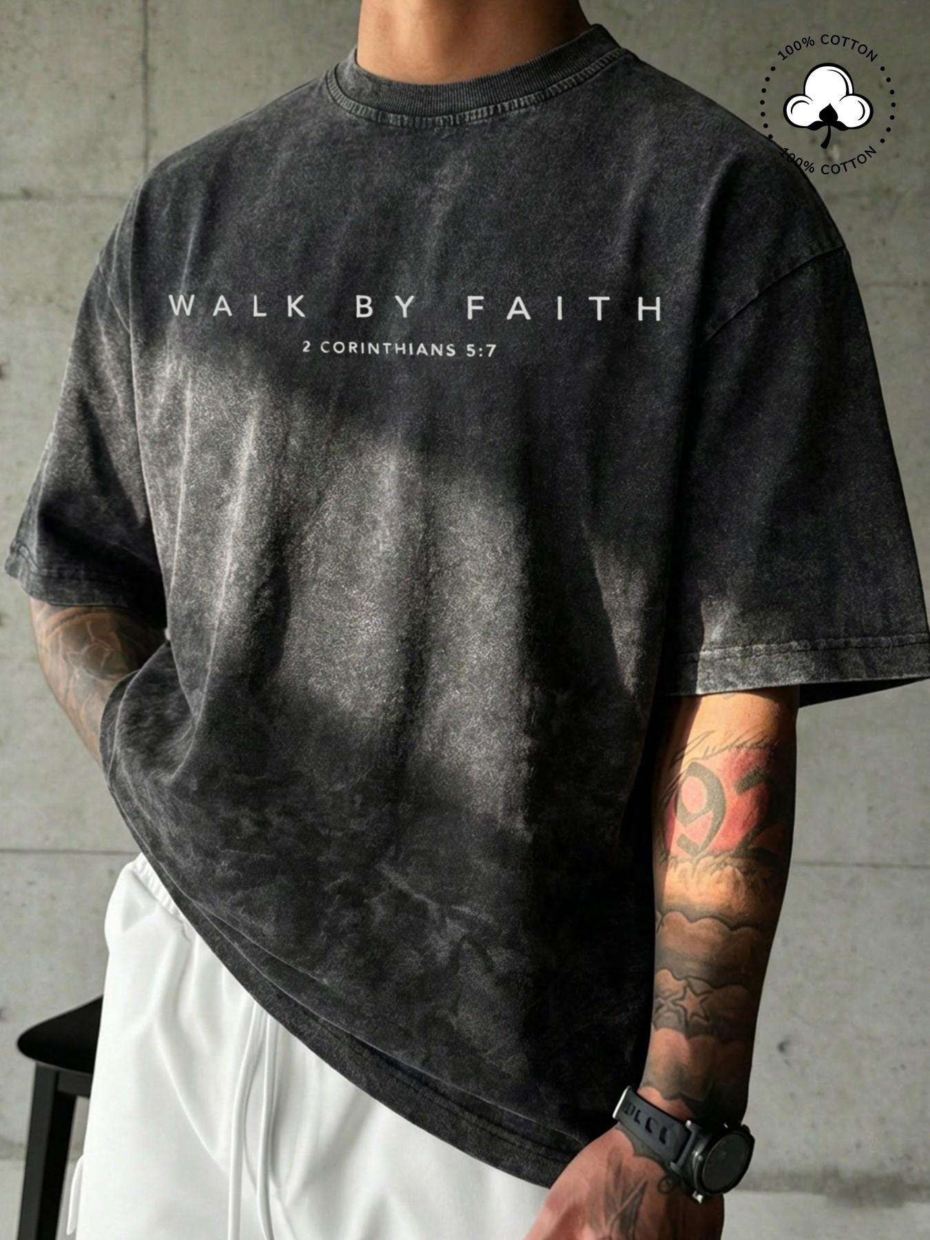 Men's Vintage Washed Black Crew Neck Short T-Shirt, Walk By Faith Bible ...