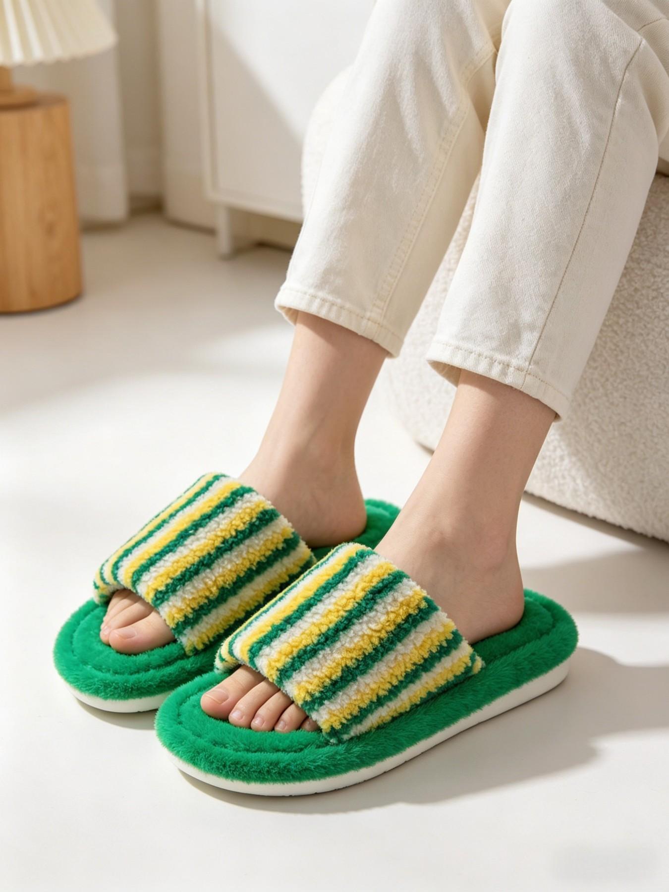 2026 New Soft Plush Striped Home Slippers, Non-Slip Comfortable Indoor ...